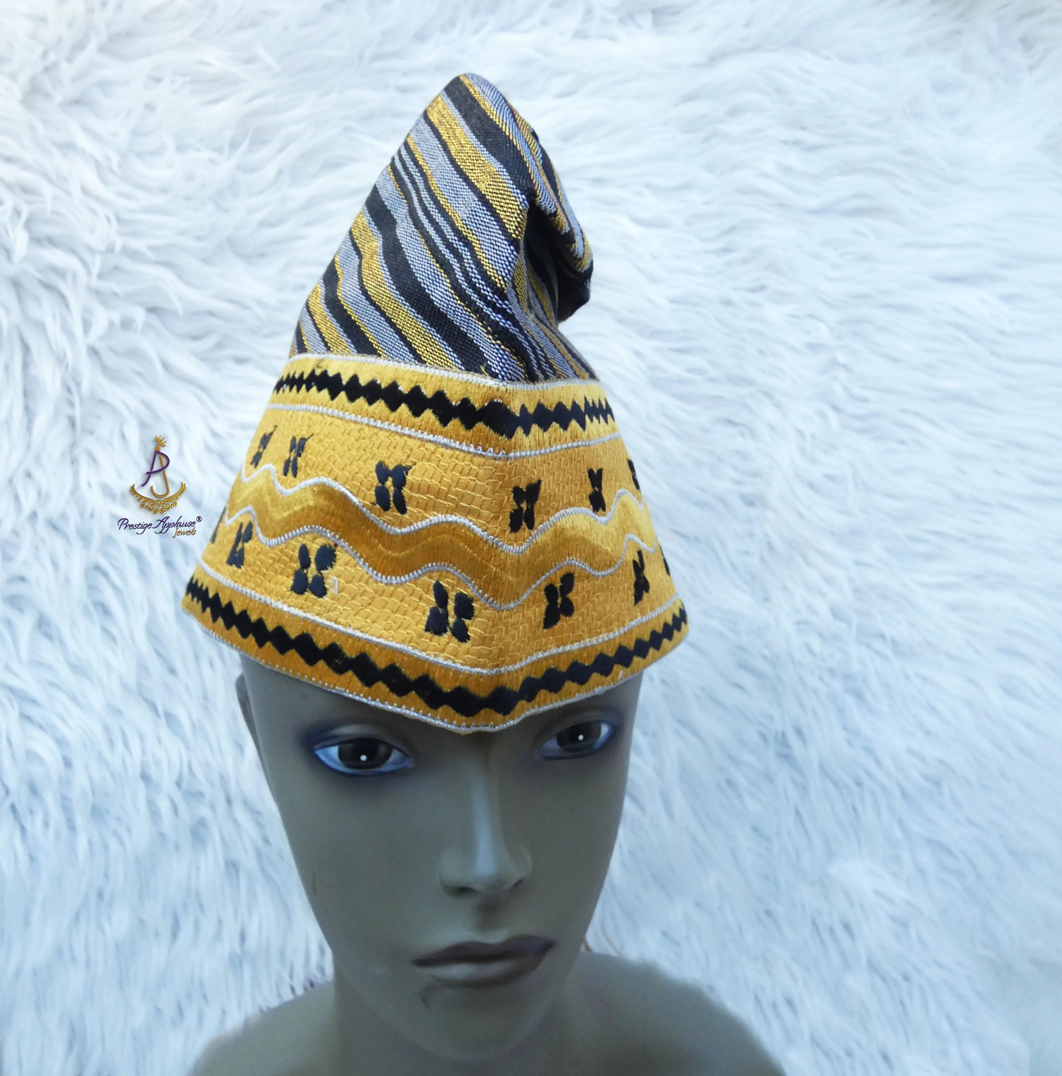 Gold 3 Tones Gold Black Grey Yoruba Fila Hat Royal Embroidery Designs ...