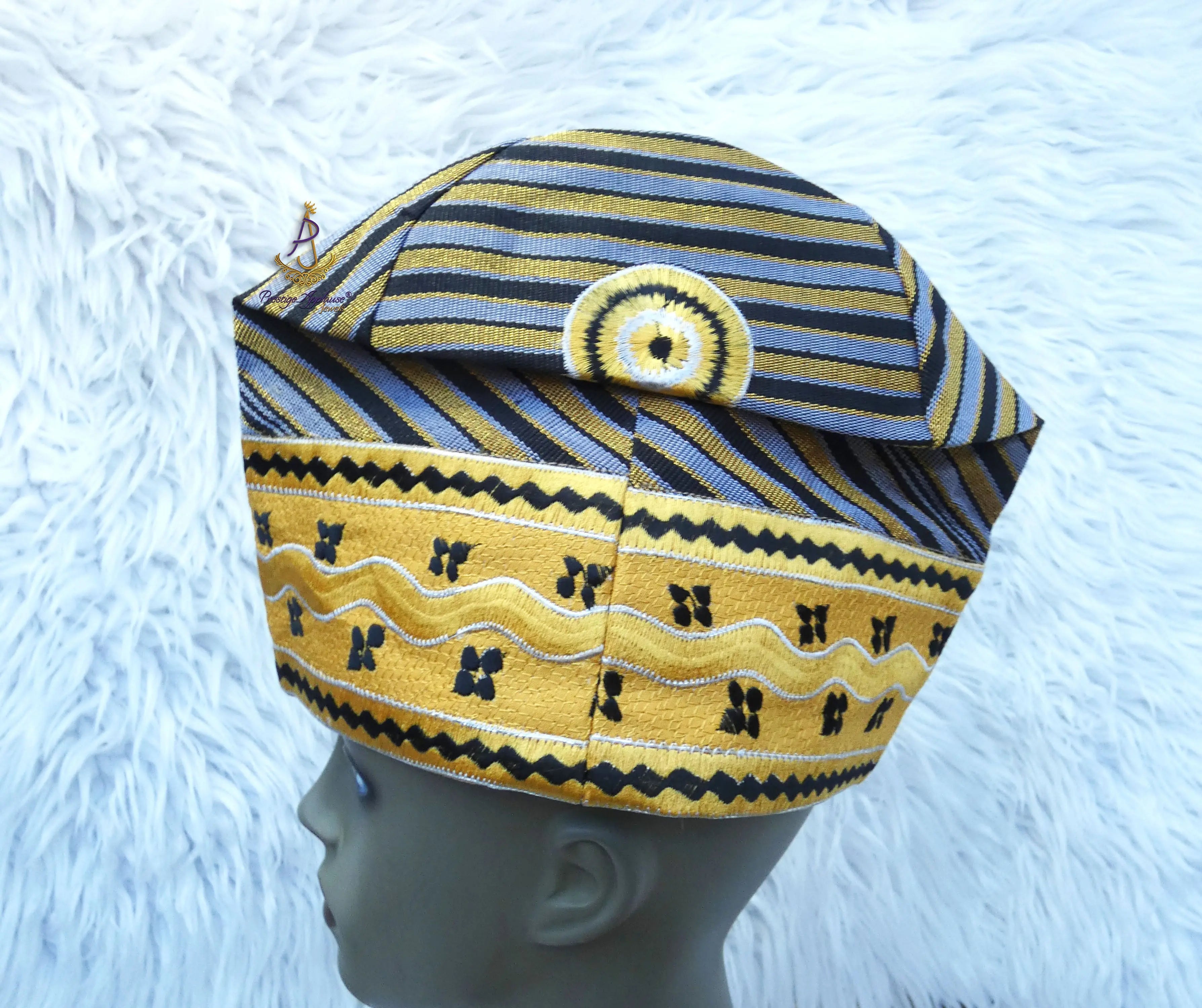Gold 3 Tones Gold Black Grey Yoruba Fila Hat Royal Embroidery Designs ...