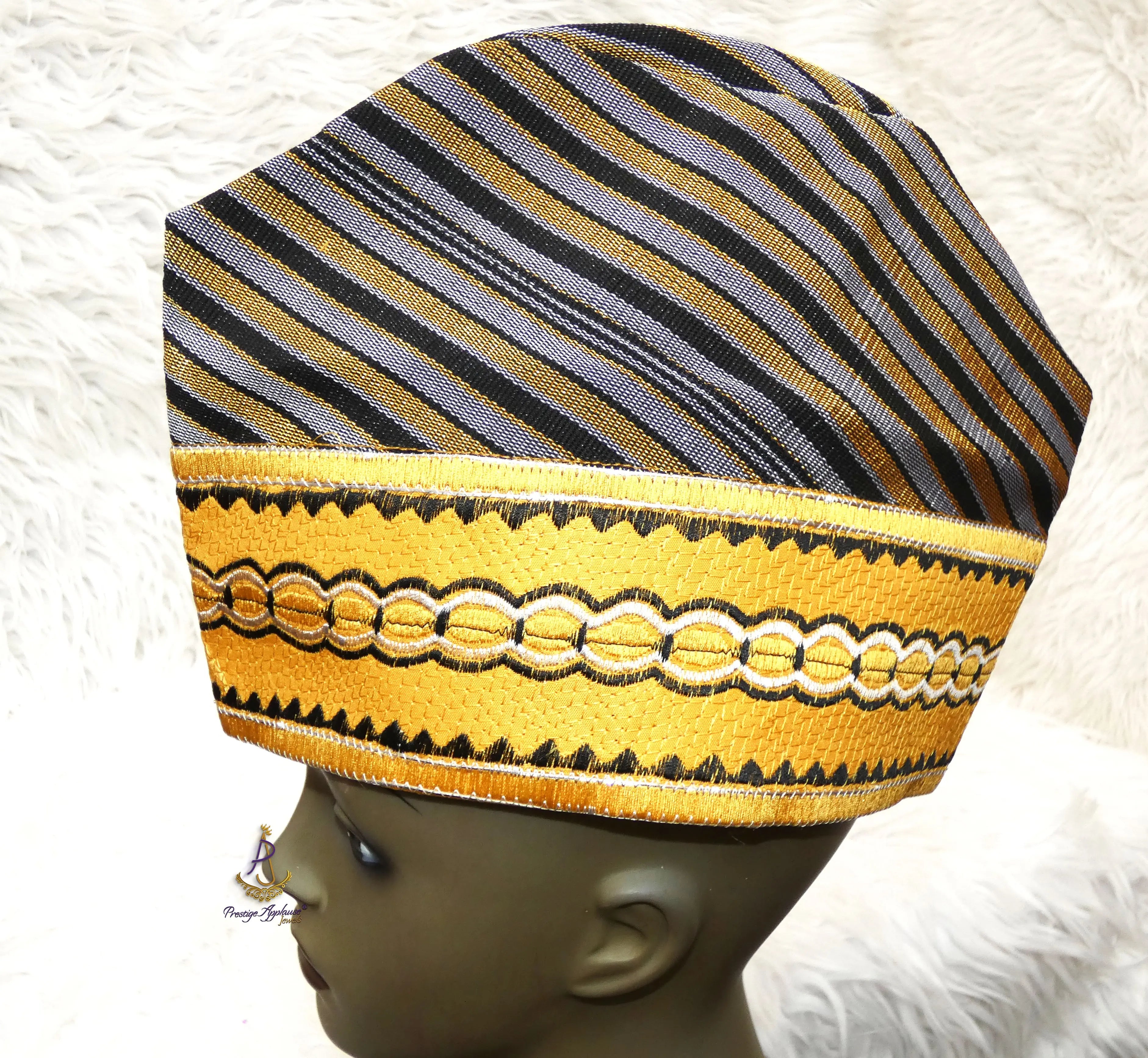 Gold 3 Tones Gold Black Grey Yoruba Fila Hat Royal Embroidery Designs ...