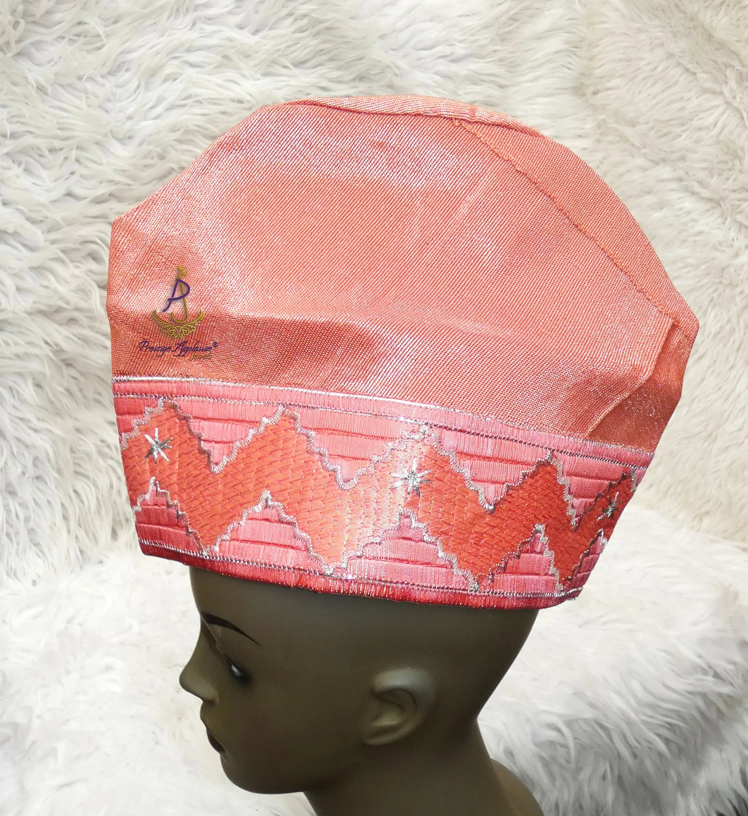 Peach with Champagne Gold Yoruba Fila Hat Royal Designs Aso Oke Groom ...